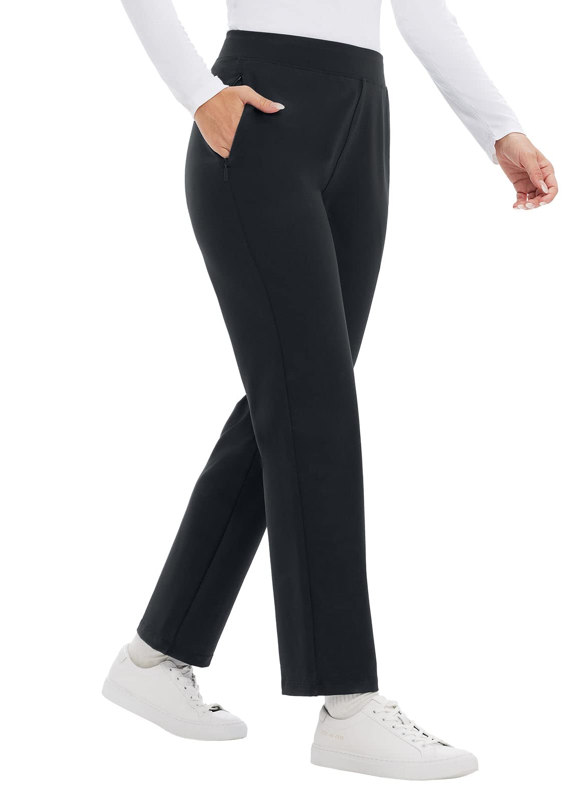 BALEAF Women's Straight Leg Golf Pants Stretch Sweatpants Pull-on Dress Work Pants with Zipper Pockets Black XS