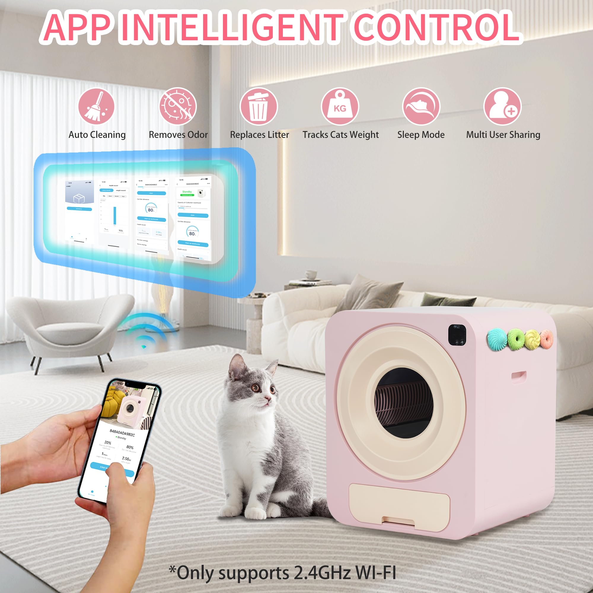 Bebeblue Self Cleaning Cat Litter Box, Automatic Cat Litter Box, No Scooping Odor Removal Health Monitoring Quiet Extra Large Space for Cats Pink