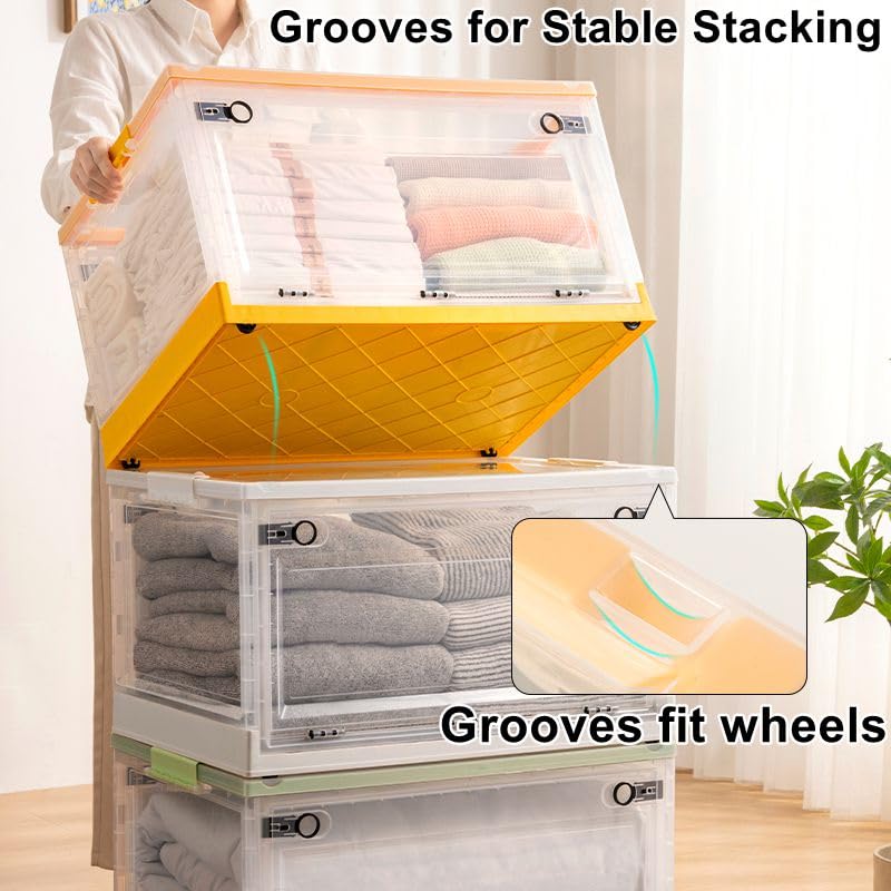 Collapsible Storage Bins with Lids, 50QT Stackable Closet Organizer, 3 Pack Foldable Storage Box with Front and Back Open Doors, Clear Bins for Home, Dorm, Office, Trunk, Wardrobe