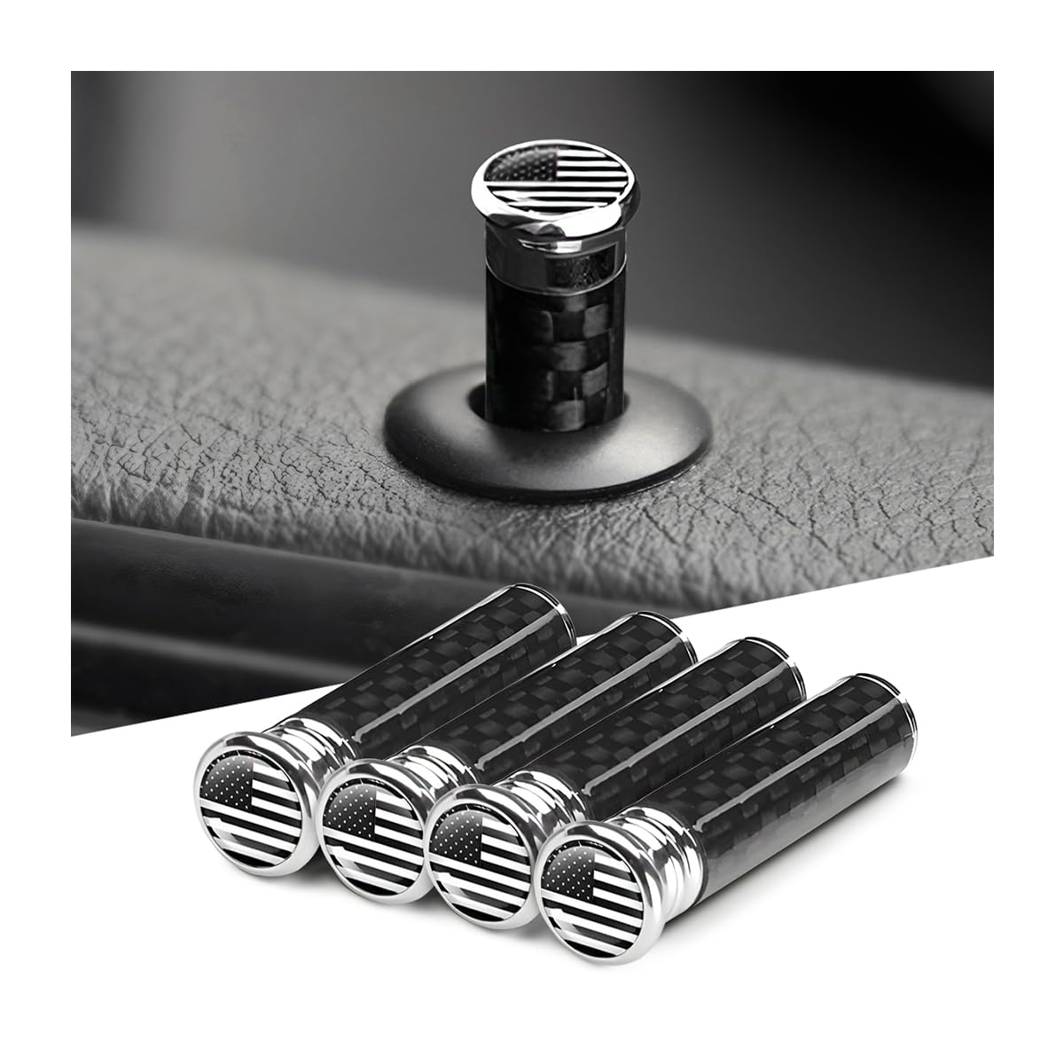 BELOMI 4 Pcs Car Door Lock Knobs, Carbon Fiber Auto Door Lock Pin Covers, Decorative Cover for Car Rod Bolt, Door Pull Pins Decor, Universal Vehicle Interior Modification Accessories (Black Flag)