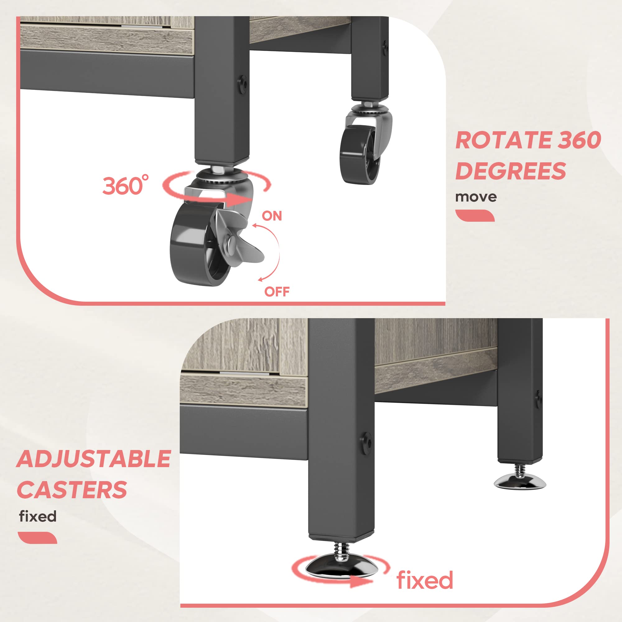 Bestier Microwave Stand with Storage Cabinet, Height-Adjustable Bakers Racks for Kitchen with Wheels & Feet, Industrial Rolling Coffee Bar Shelf with 10 S-Hooks Grey Wash