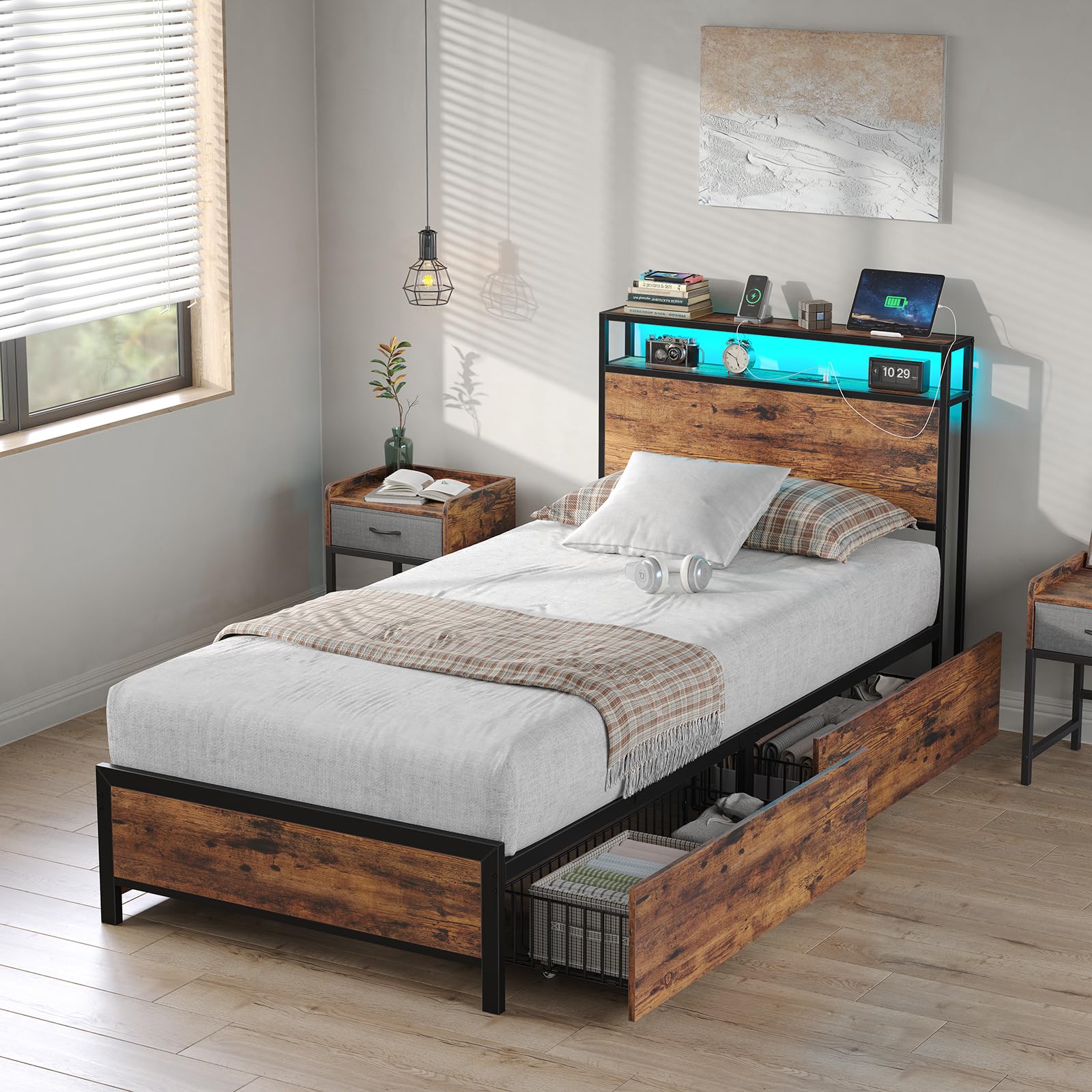 CollaredEagle Twin Size Bed Frame with Headboard, Metal Platform Bed Frame with 4 Storage Drawers, Charging Station and LED, No Box Spring Needed, Easy Assembly