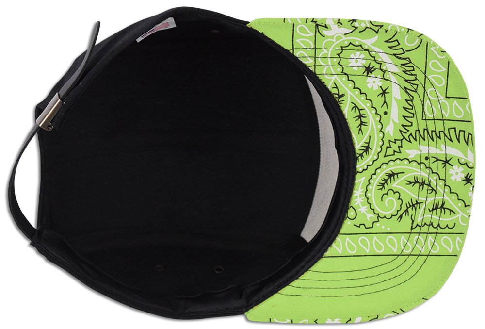 Bandana Brim Paisley Money Camouflage Camper 5 Panel Strapback Buckle Hat Cap (Black/Lime Green Aisley)