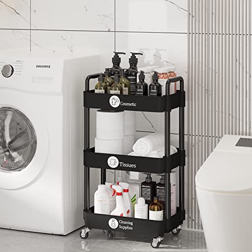 Laiensia 3-Tier Storage Cart,Multifunction Utility Rolling Cart Kitchen Storage Organizer,Mobile Shelving Unit Cart with Lockable Wheels for Bathroom,Laundry,Living Room,With Classified Stickers,Black