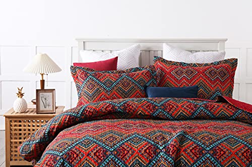 Yvooxny Quilt Set Queen Size Bedspread Bohemian Style Lightweight Cotton Quilted Coverlet Bedding Set for All Seasons, Boho Red Jacquard Pattern, 90 * 98 Inches