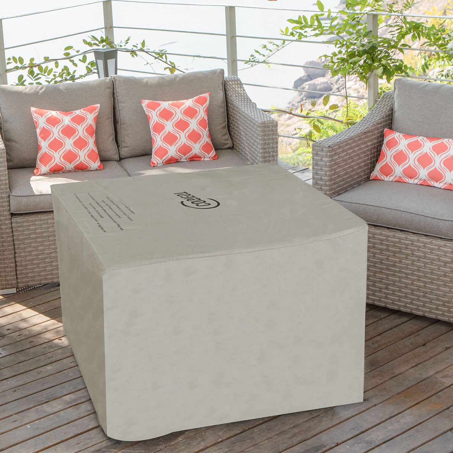 COSIEST Outdoor Propane Fire Pit Table w Faux Brown Ledgestone 32-inch Square Fire Table, 50,000 BTU Stainless Steel Burner, Aqua Blue Fire Glass, Fits 20lb Tank Inside