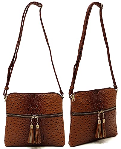 Ostrich Croc Tassel Zipper Pocket Crossbody Bag Animal Pattern Printed Shoulder Bag Womens Purse Satchel (#A-Light Brown)