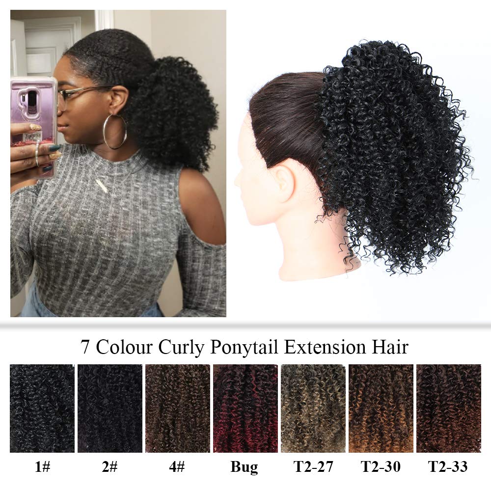 Vigorous Afro Drawstring Ponytail Kinky Curly Ponytail Drawstring Afro Puffs Curly Ponytail Extension for Women Synthetic 10 Inch Curly Ponytail (Black 1B#)