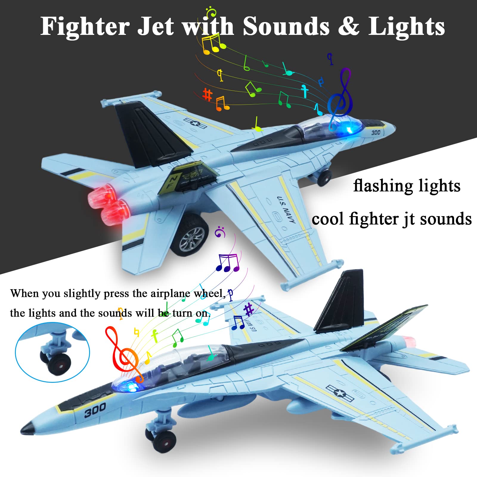OTONOPI Fighter Jet Army Military Air Force Airplane Toy Pull Back Aircraft Die Cast Metal Model Plane Collection with Lights and Sounds for Kids Age 3+