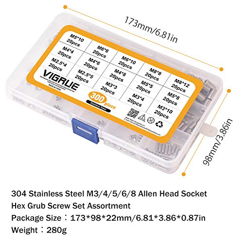 VIGRUE 300Pcs Set Screw Assorted M2.5/M3/M4/M5/M6/M8 Hex Allen Head Socket Grub Screw Assortment Kit with Internal Hex Drive, 304 Stainless Steel (Metric)