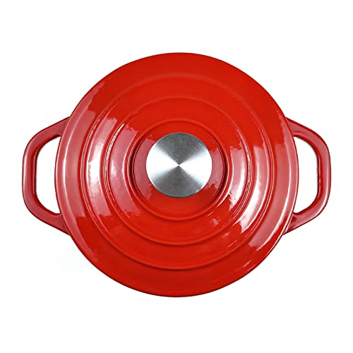HAWOK Enameled Cast Iron Dutch Oven with Lid, 1.5 Quart Deep Round Dutch Oven with Dual Handles, Red