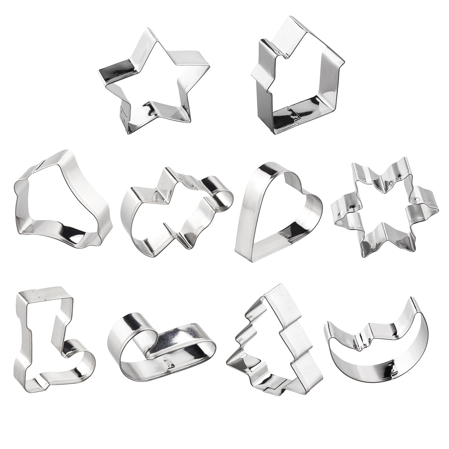 Christmas Cookie Cutters Set - Holiday Mini Cookie Cutter set of 10, Include: Gingerbread House, Snowflake, Christmas Tree, Gingerbread girl, Heart, Star, Moon, Christmas Crutch, Bell, Boot