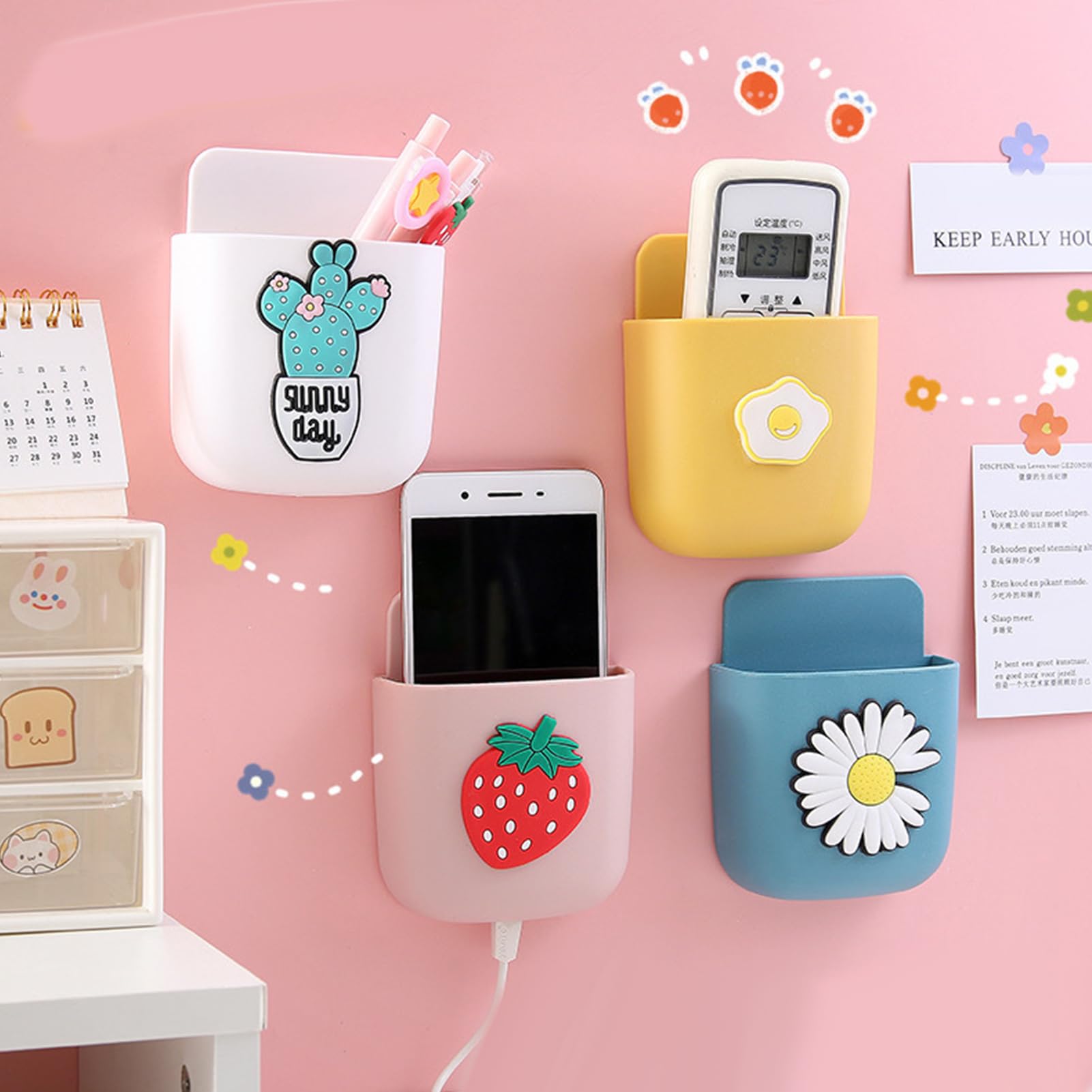 Enforose Wall Storage Rack, Cartoon Storage Box Wall Mounted Storage Container Cute Phone Holder Wall Mount Pencil Holder Makeup Organzier(fried eggs)