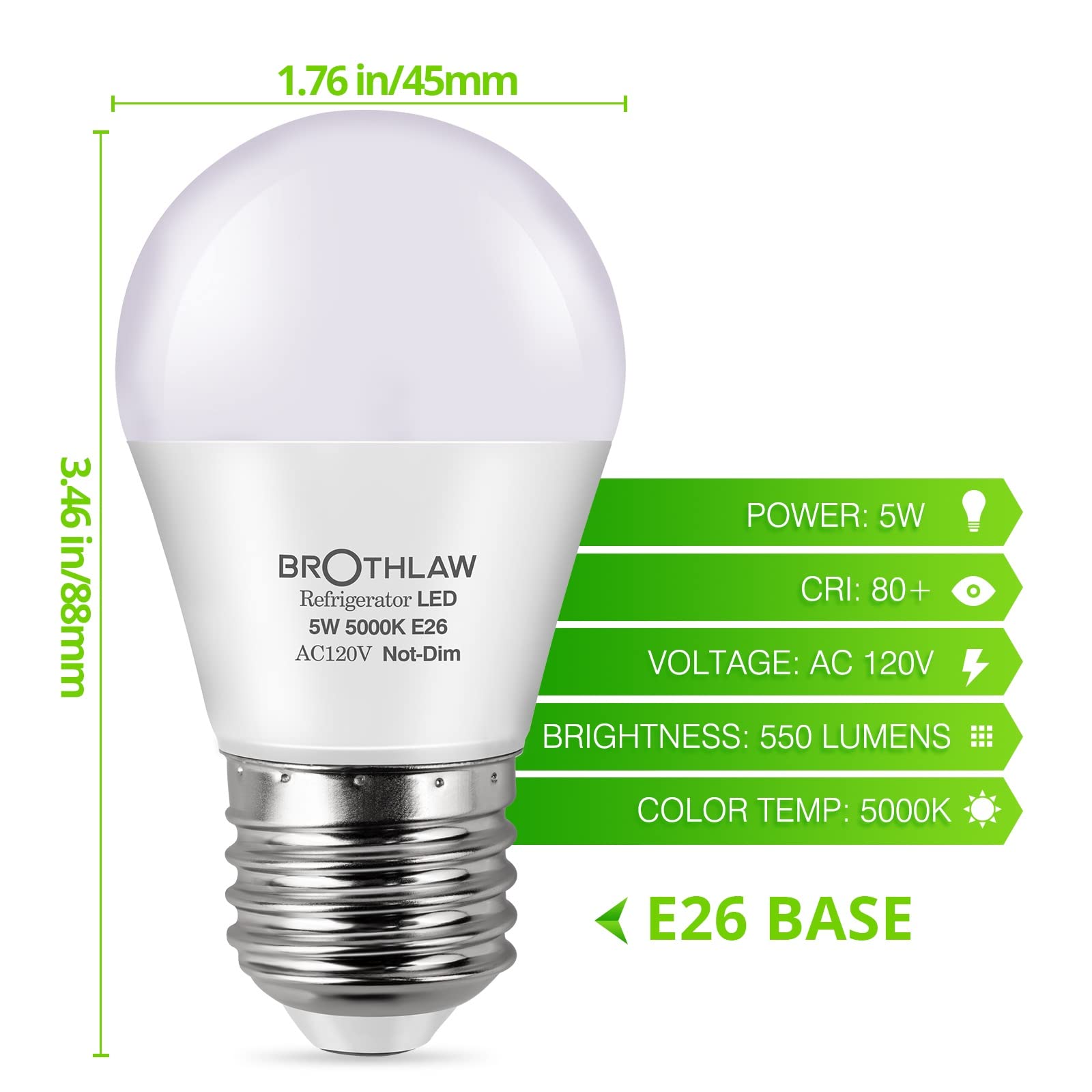 Brothlaw LED Refrigerator Light Bulb, 40 Watt Equivalent Waterproof Freezer Light Bulb, 120V E26 Daylight White 5W 5000K 550 Lumen, A15 Appliance Fridge Light Bulbs, 2 Pack