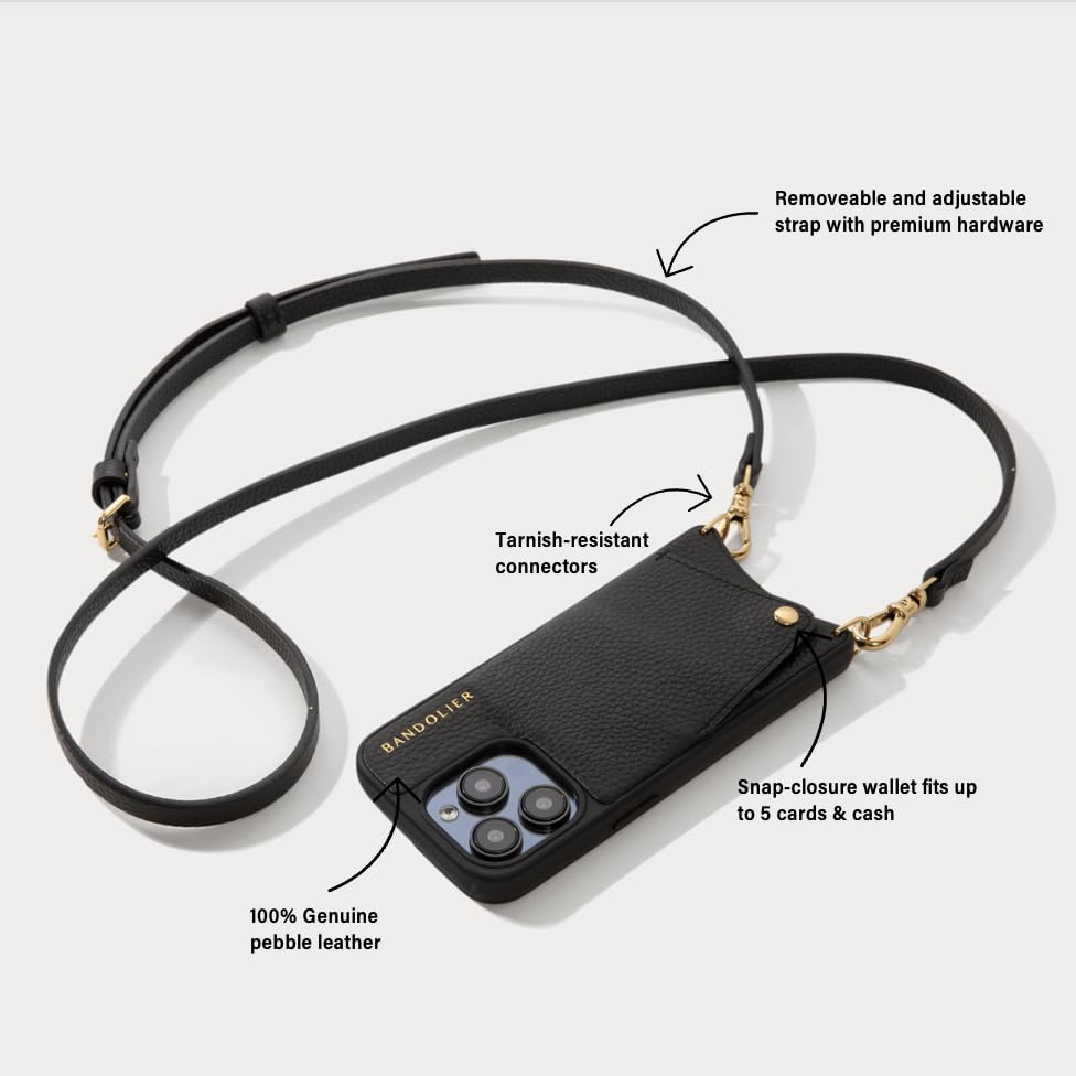Bandolier Emma Crossbody Phone Case and Wallet - Compatible with iPhone 14 Pro Max Genuine Pebbled Black Leather with 2 Pockets and Removable Shoulder Strap