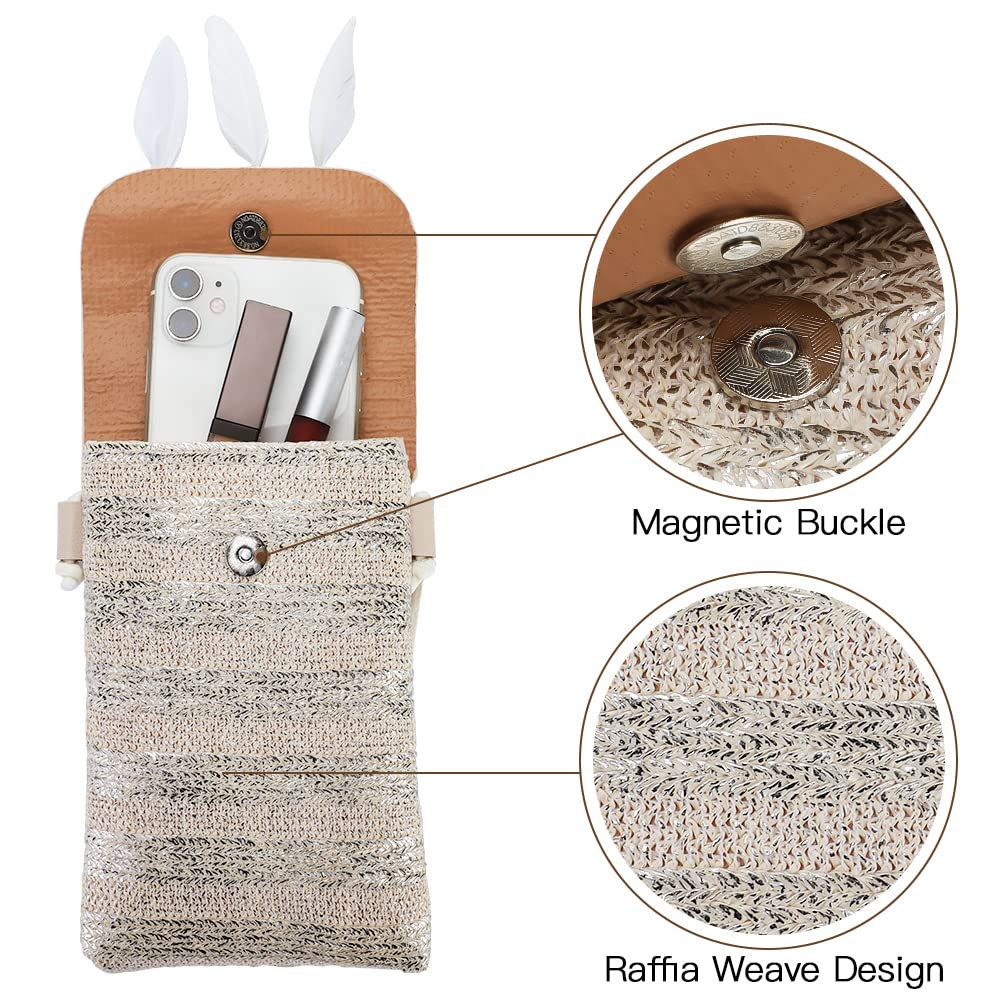 Soleebee Boho One Shoulder Crossbody Phone Bag Small Shoulder Bag Mini Wallet for Women Storage Bag Woven Leather Trim Phone Bag Compatible with Multiple Phone Sizes, Feather
