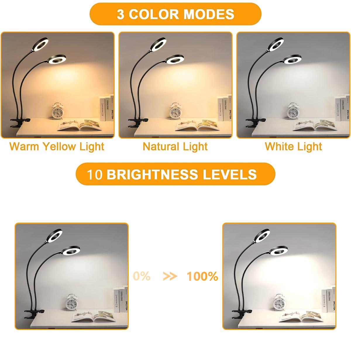 AWLYLNLL LED Desk Lamp with USB Adapter, Eye-Caring Gooseneck Ring Light, 3 Modes 10 Brightness Adjustable 10W Desk Light for Makeup Reading Bed Headboard (Metal)