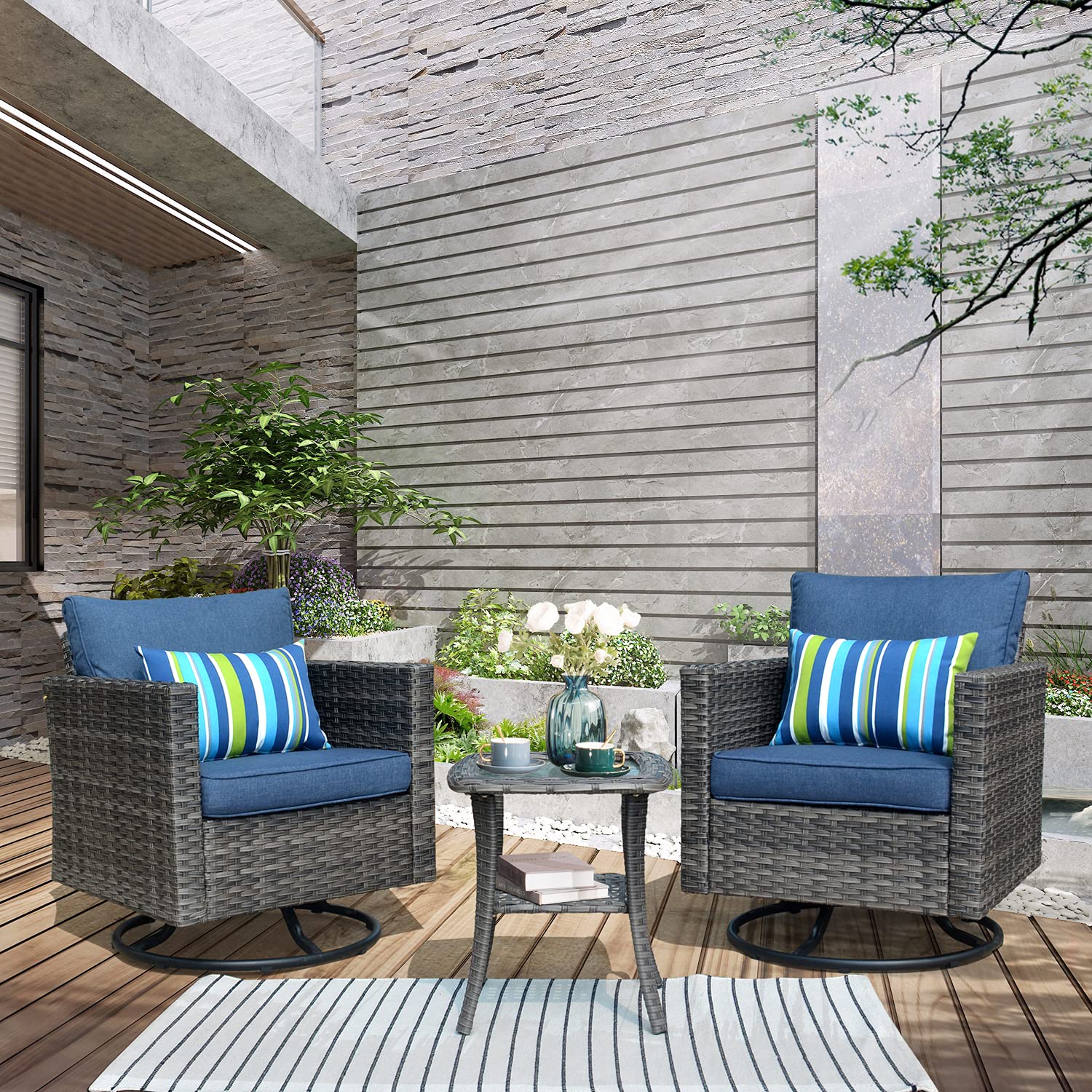 ovios Patio Bistro Set 3 Pieces Rocking Swivel Chairs with Side Table 360 Degree Rotating Outdoor Wicker Rocker Chairs for Yard Deck Porch, Grey Wicker, Denim Blue Cushion
