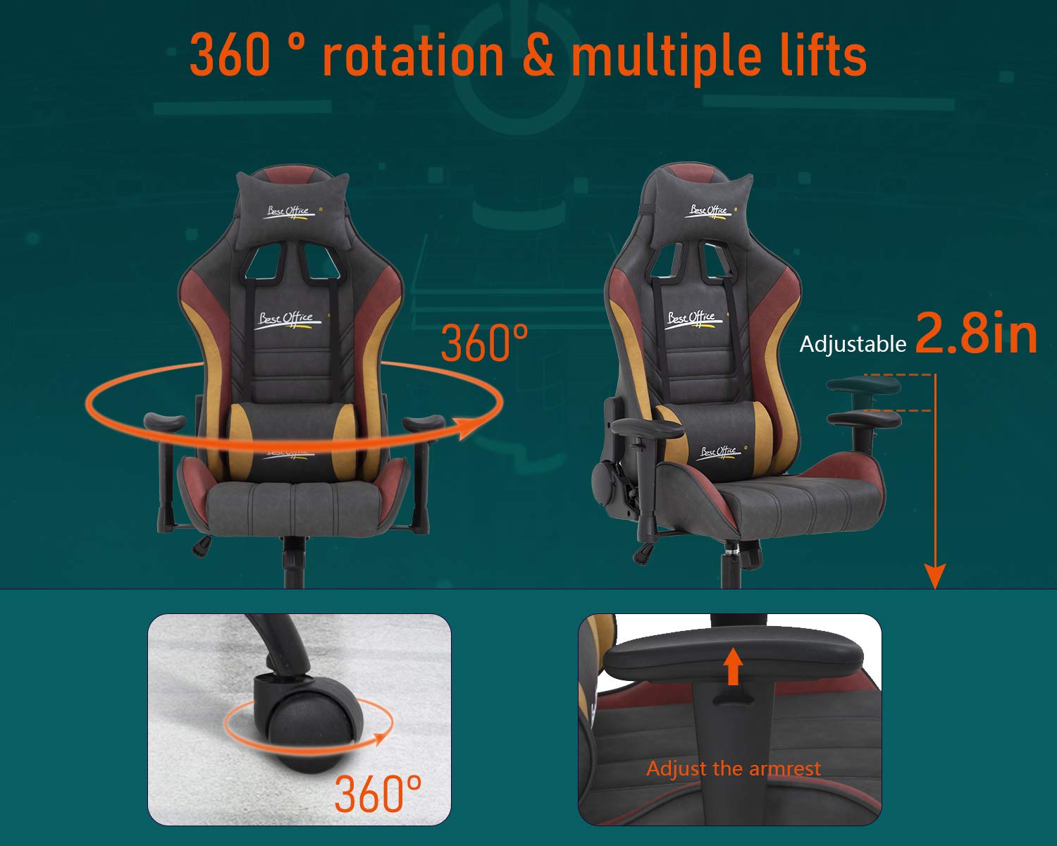 BestOffice Ergonomic Office Racing Computer Lumbar Support Headrest Adjustable Armrest Rolling Swivel Desk PU Leather E-Sports Task Chair, Red