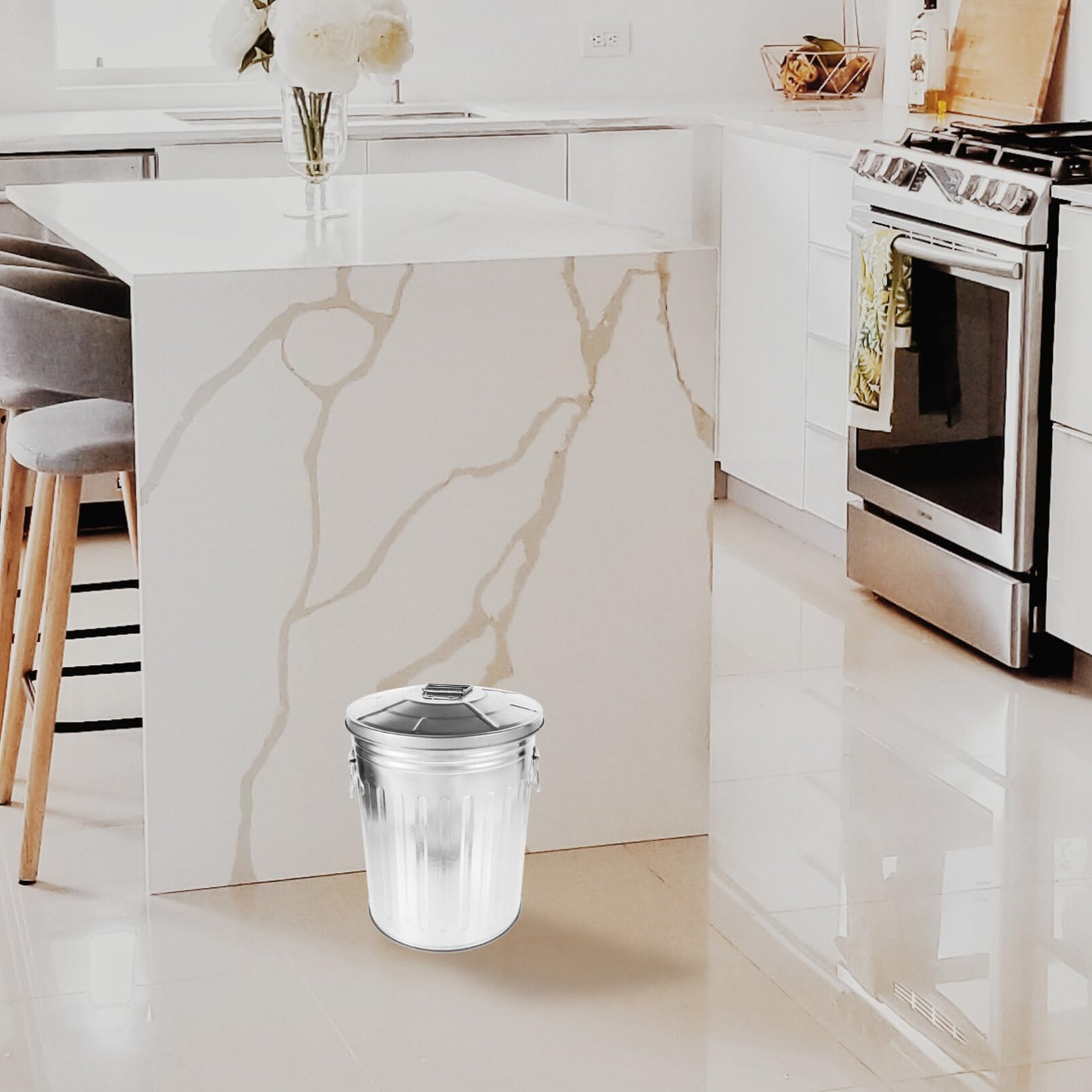 Ciieeo Round with lid Metal Wastebasket 8L Gallon Galvanized Trash Can Metal Garbage Can for Home, Office, Bathroom