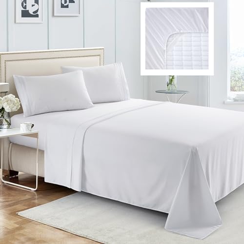Bed Sheets Full Size Set - 4 Pieces - Double Brushed, 2200 Series, High Thread Count Microfiber - Wrinkle Free - Non Pilling - Double Elastic Corners - Four Lines Embroidery - Easy Fit (Full, White)