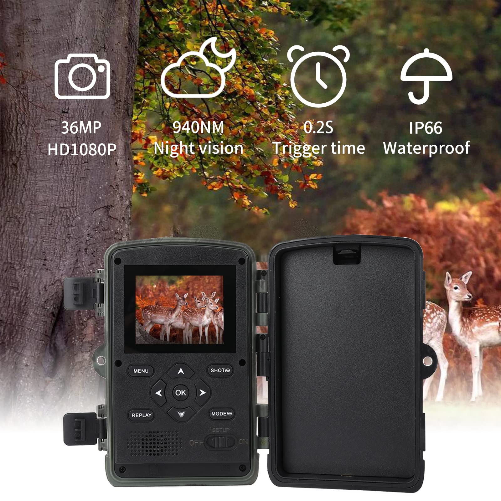 Baleyanm Trail Camera, 1080P 36MP Hunting Gear Game Camera with Night Vision Motion Activated Waterproof, Cellular Trail Camera 0.2s Trigger 120° Wide Angle Detection for Wildlife Deer Camera