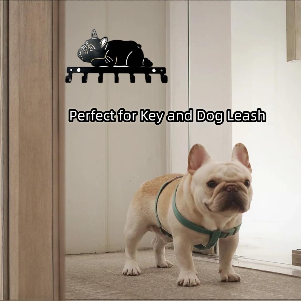 Ctpeng Dog Leash Holder for Wall,Decorative Leash Holder Wall Mount with 7 Hooks,Black Metal Key Organizer Rack Dog Leash Hanger for Entryway,Front Door,Hallway & Office(10.83X6.1 inches)