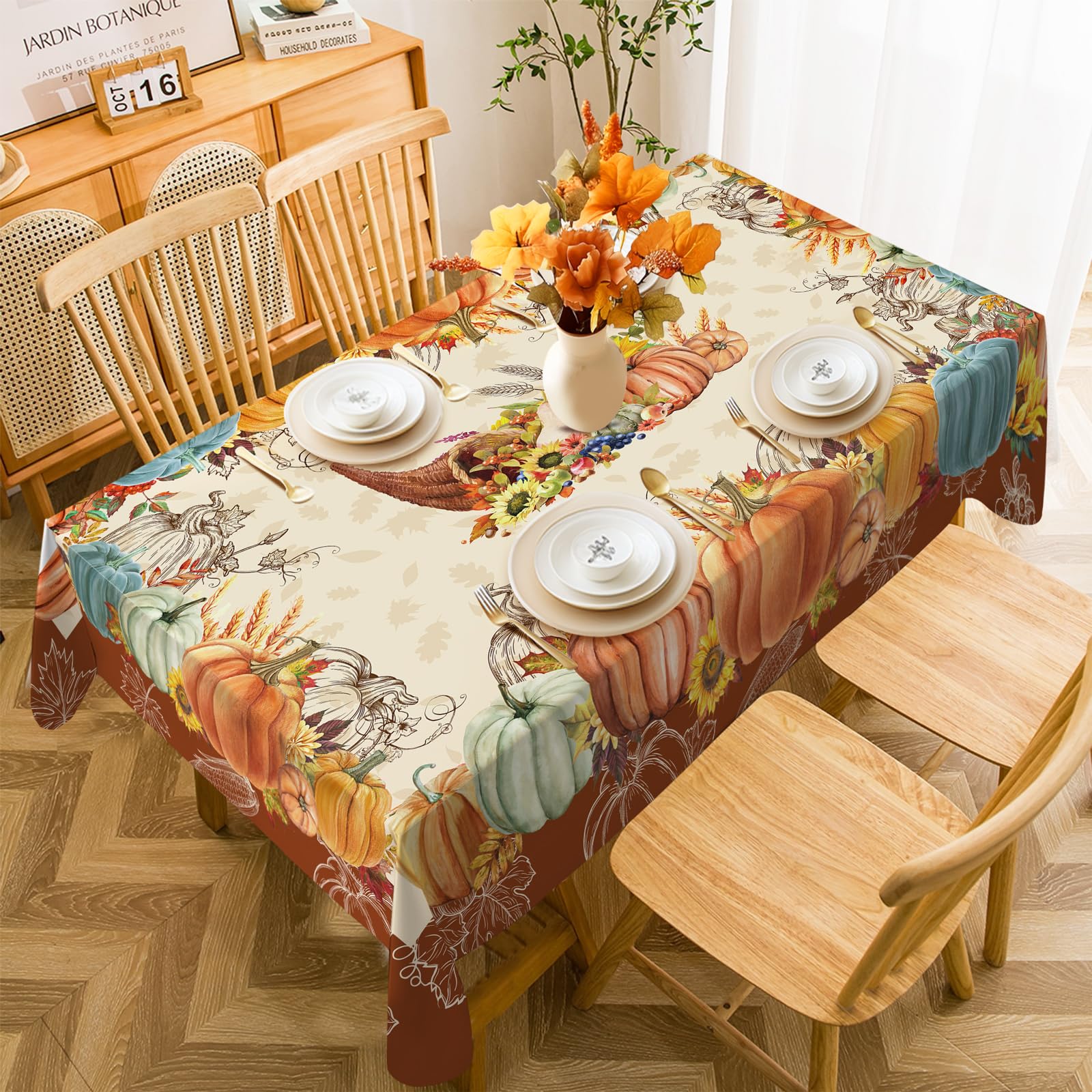cusugbaso Thanksgiving Tablecloth 60x84 Inch Rectangle - Thanksgiving Decorations for Table - Water-Resistant Give Thanks Fall Table Cloth Rectangle for Party,Table, Holiday Decoration