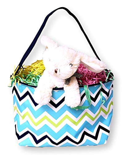 Zig Zag Chevron Material Easter Basket Bucket for Toys Egg Hunting Party (Blue Chevron with Embroidered Name)
