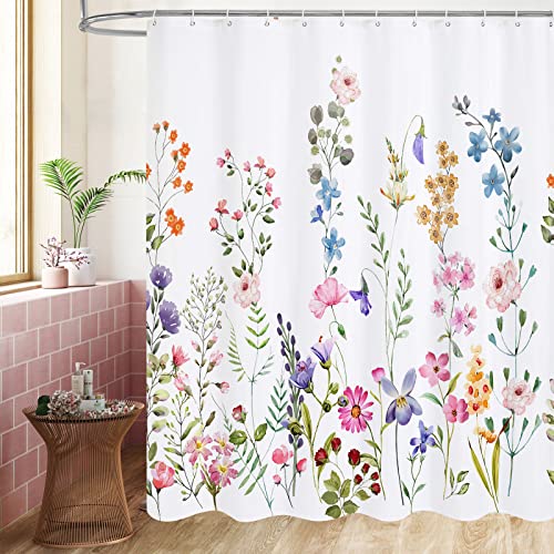 MitoVilla Spring Floral Shower Curtain, Plant Flower Fabric Cloth Shower Curtains for Rustic Vintage Bathroom Decor, Summer Shower Curtains with Watercolor Chic Cosmos, 72x72