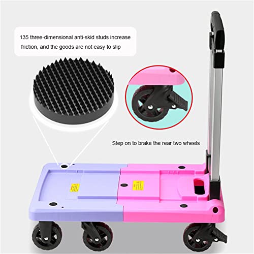 Collapsible Trolley, Aluminum Folding Cart with Wheels,Platform Truck Compact Flatbed Cart for Warehouse, Restaurant, Shops Factories and Home,Pink