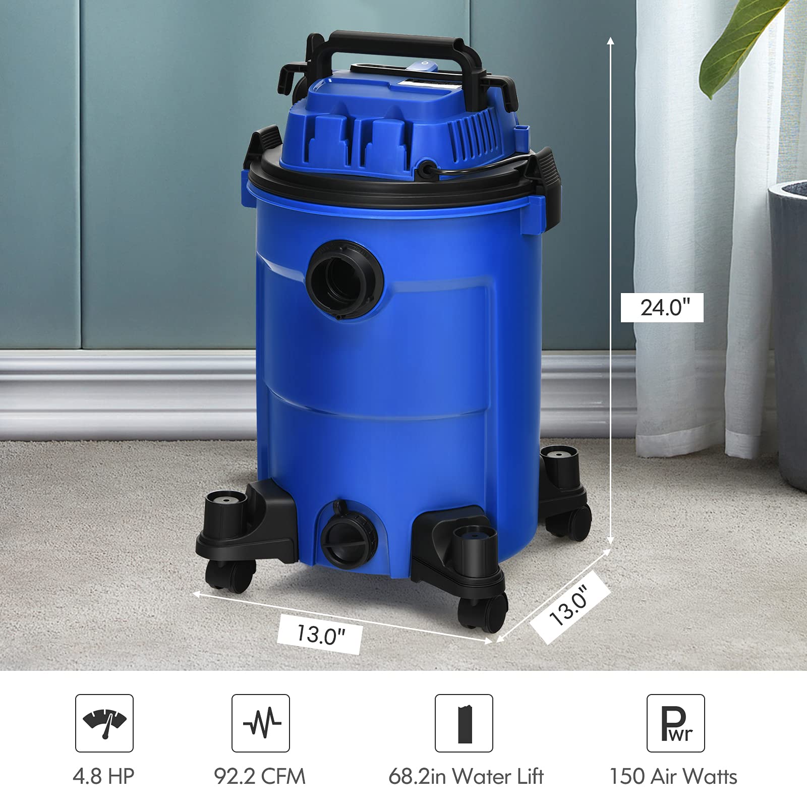COSTWAY 3-in-1 Wet/Dry Vacuum Cleaner with Blower Function, 6.6 Gallon 4.8 Peak HP Vacuum with Safety Protection, Portable Shop Vacuum Cleaner for Workshop, Car, Garage, Home, 1200W (Blue)
