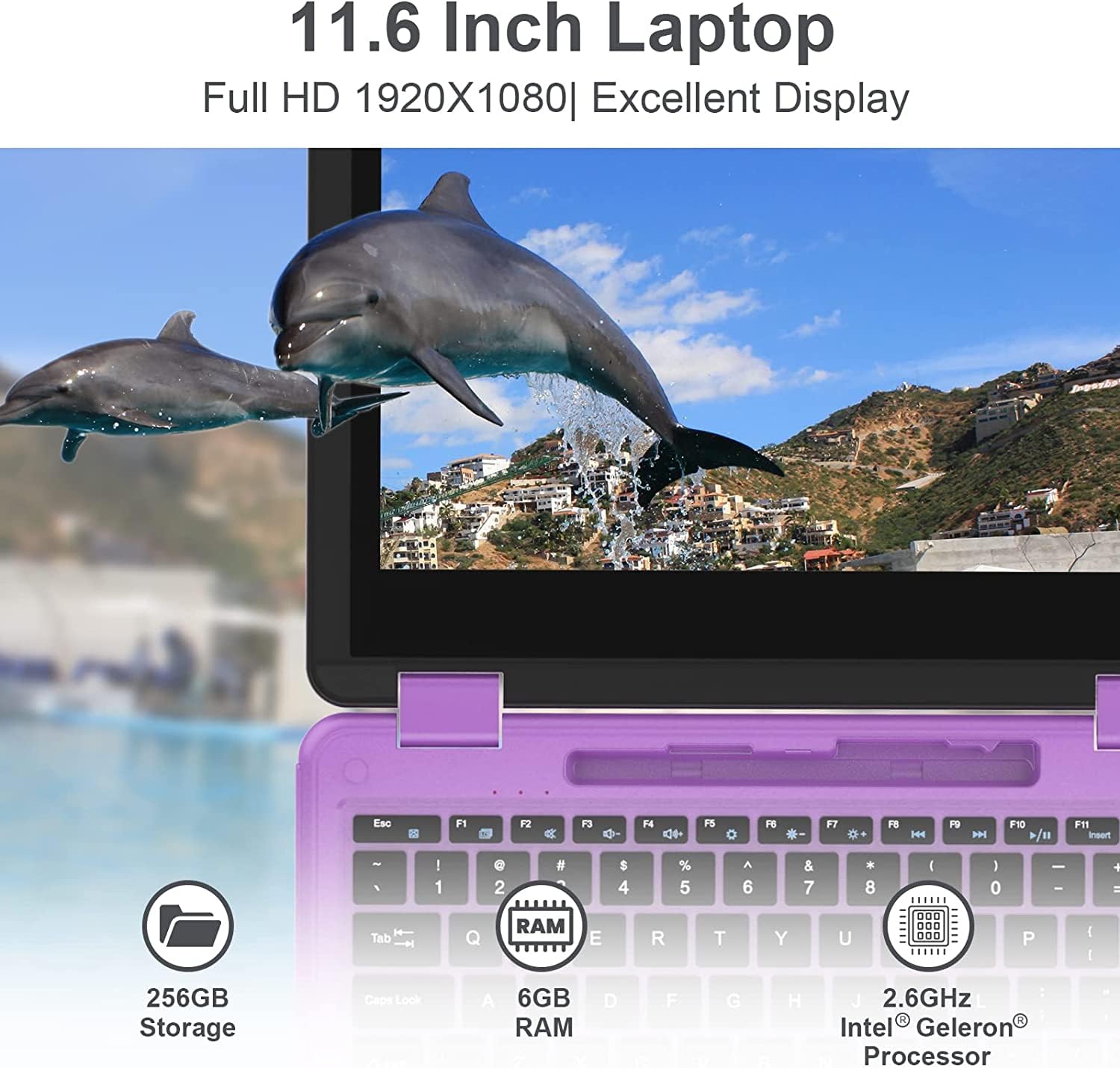 AWOW Touchscreen Laptop with Stylus, 2 in 1 11.6" FHD Purple Intel 4 Core Celeron N4120 Processor Windows 11 OS 6GB RAM 256GB M.2 SSD Storage Kids Convertible Laptop