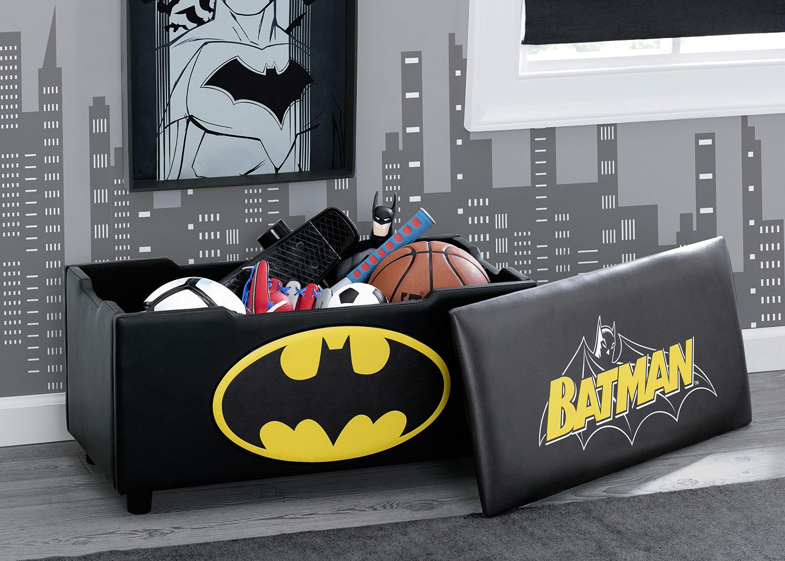Delta Children DC Comics Batman Upholstered Storage Bench for Kids | Perfect for Bedrooms/Playrooms/Living Rooms | Features Fun Graphics of Batman