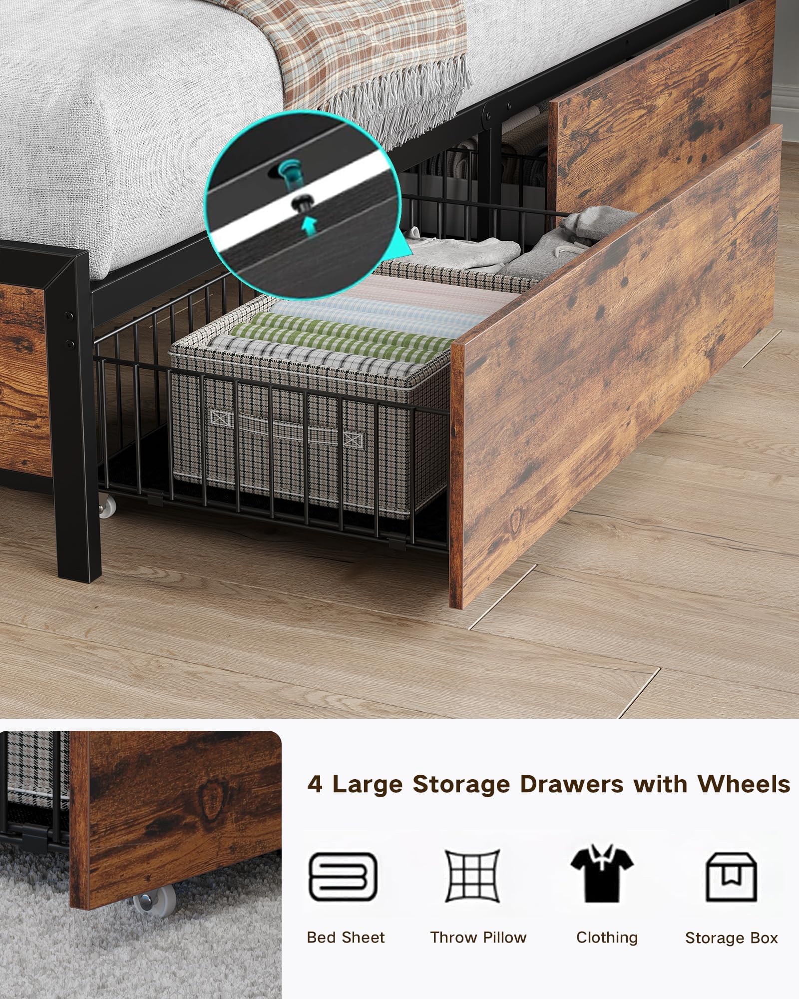 CollaredEagle Twin Size Bed Frame with Headboard, Metal Platform Bed Frame with 4 Storage Drawers, Charging Station and LED, No Box Spring Needed, Easy Assembly
