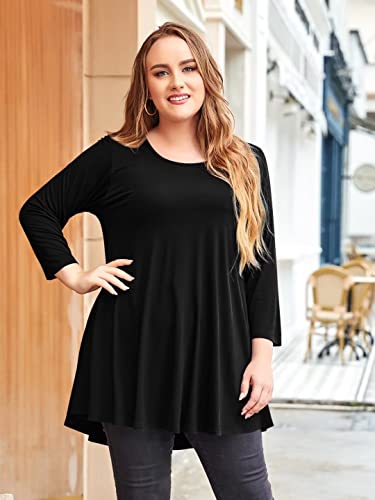 LARACE 3/4 Sleeve Shirts for Women Plus Size Tunic Dressy Top Loose Fit Flare T-Shirt (4X, Black)