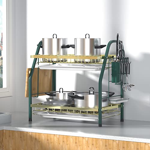 Boiarc Dish Drying Rack for Kitchen Counter, 2 Tier Large Dish Rack & Drainboard Set, Kitchen Dish Drainer Organizer with Utensil Holder & Cutting Board Holder (Gold & Green)