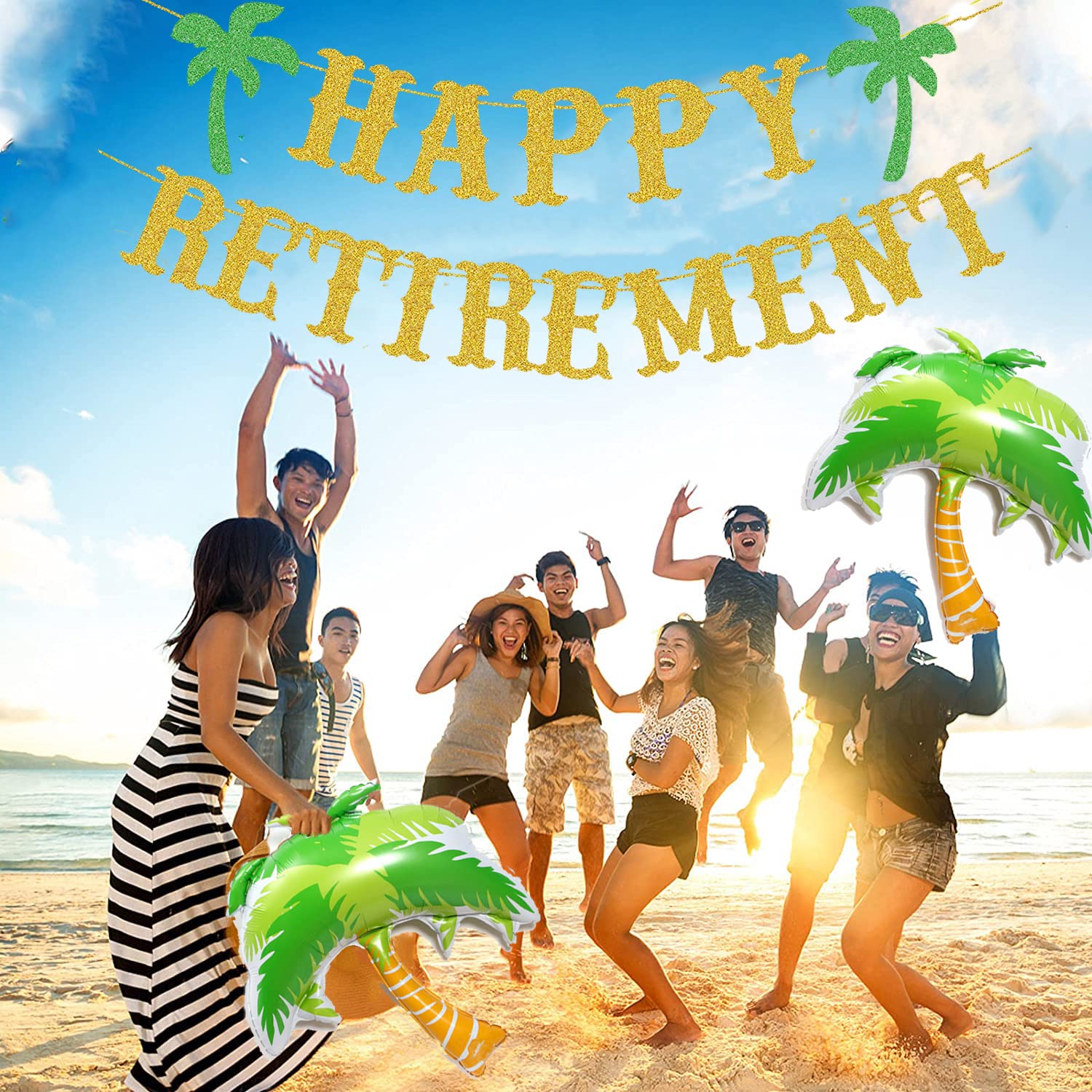 Beach Theme Retirement Party Decorations - Gold Glitter Happy Retirement Banner & Happy Retirement Cake Topper & Coconut Tree Balloons for Beach Theme Retirement Party Supplies Retired Gift Ideas