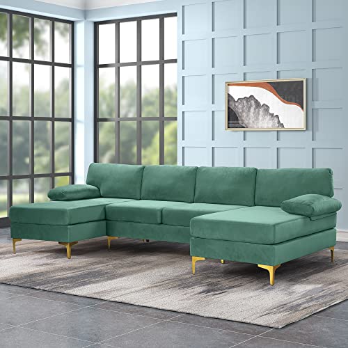 Modern Large Velvet Fabric U-Shape Sectional Sofa, Double Extra Wide Chaise Lounge Couch with Gold Legs