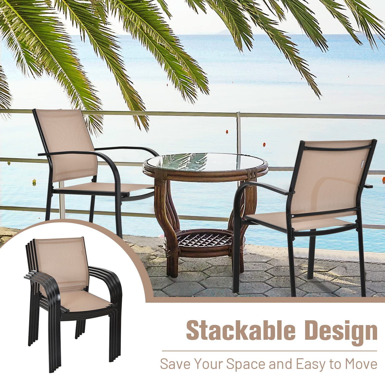 Tangkula Set of 4 Patio Dining Chairs, Outdoor Stackable Chairs with Armrests, Anti-Rust Steel Frame and Quick-Drying Fabric, Outdoor Bistro Chairs for Backyard, Lawn and Garden