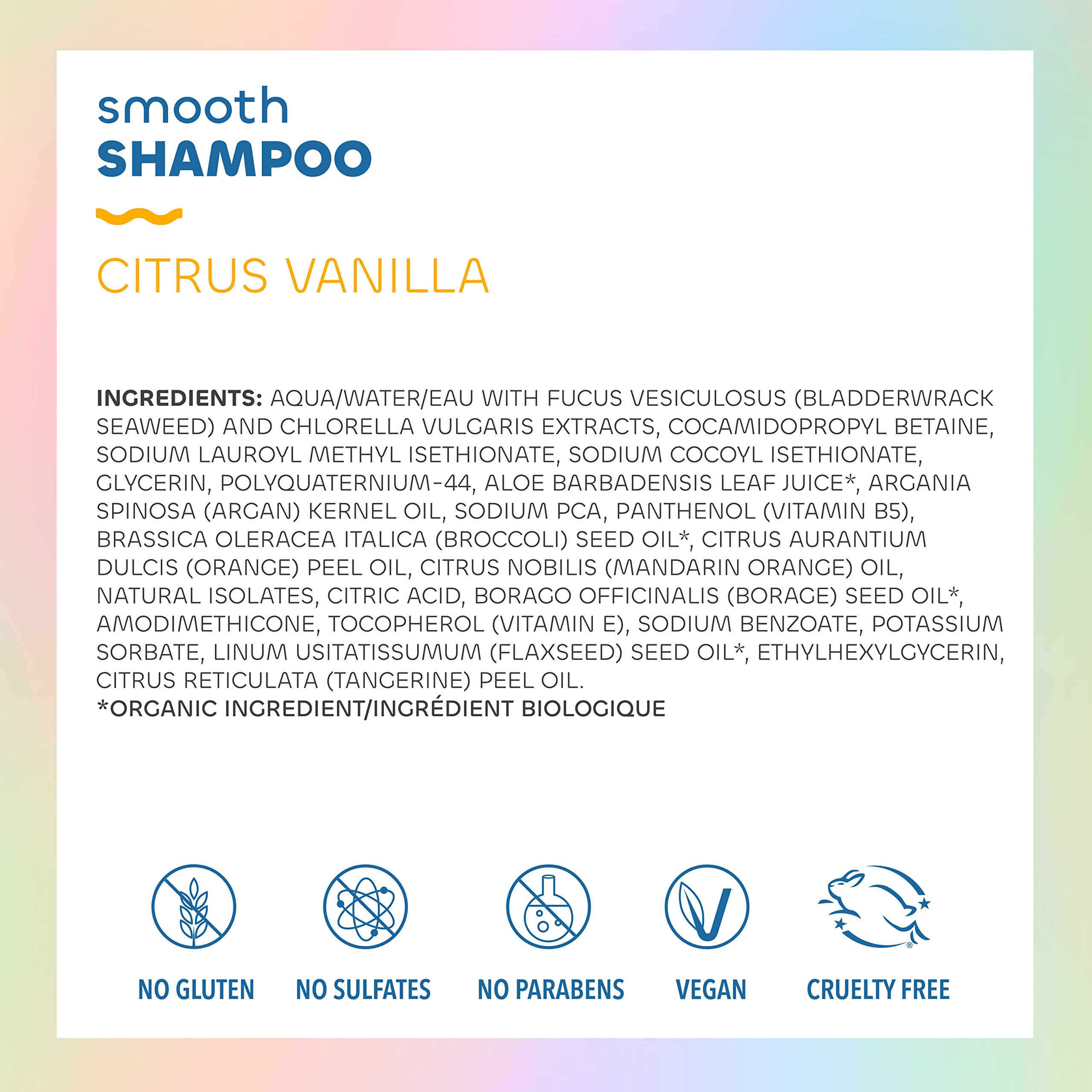 Seaweed Bath Co. Smooth Shampoo, Citrus Vanilla Scent, 12 Ounce, Sustainably Harvested Seaweed, Borage and Broccoli Seed Oils, For Curly and Frizzy Fine Hair