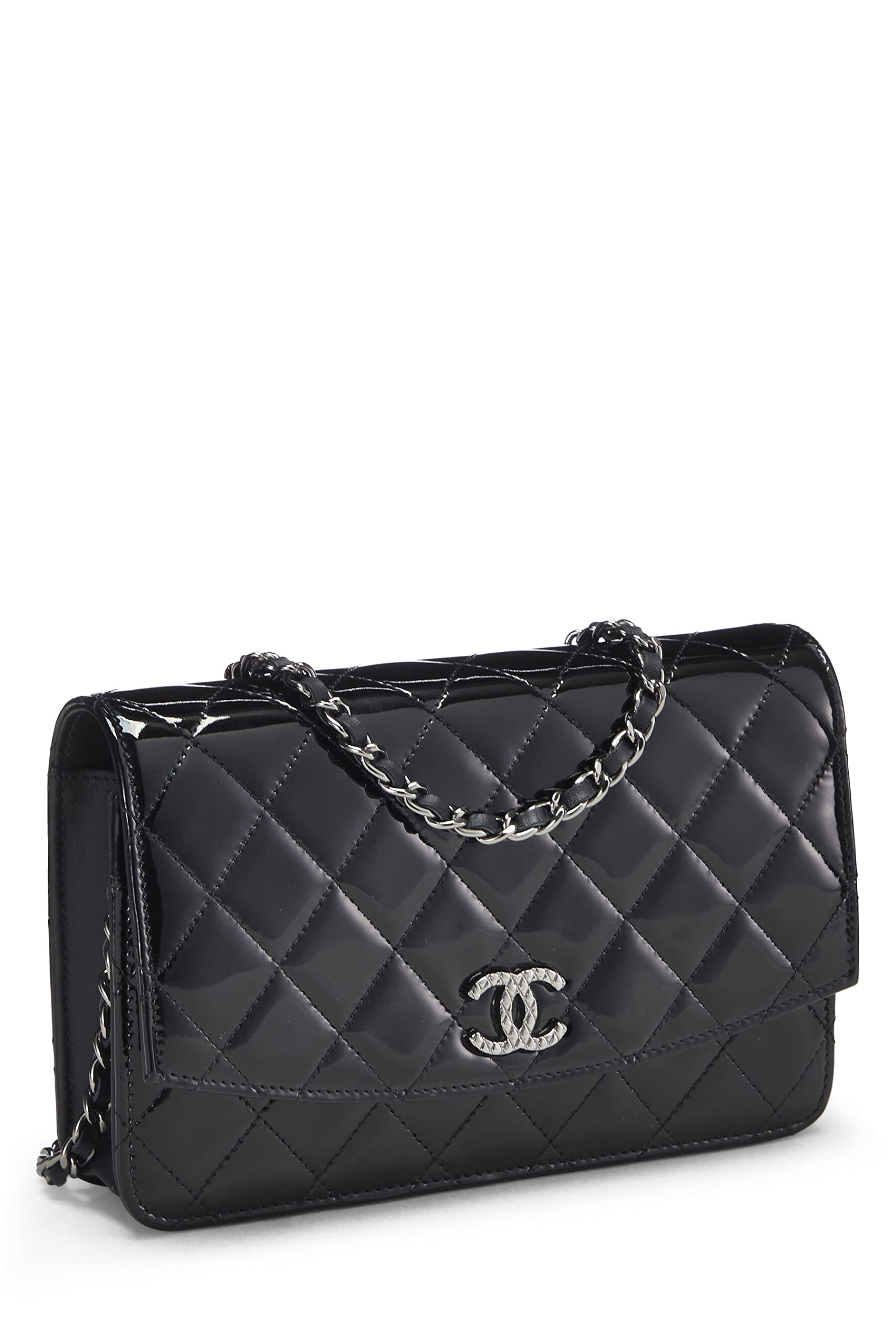 Chanel, Pre-Loved Black Quilted Patent Leather Brilliant Wallet on Chain (WOC), Black