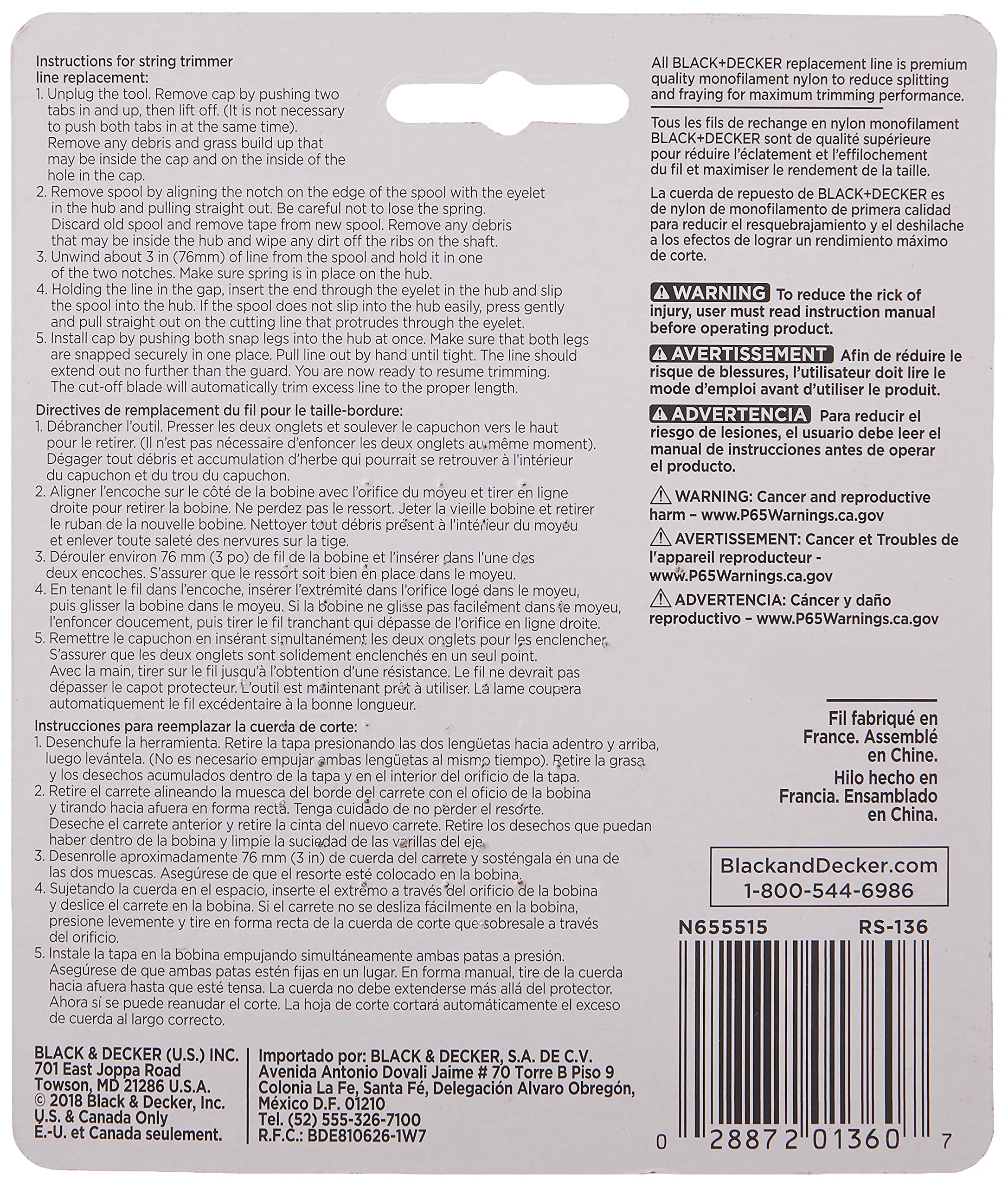 BLACK+DECKER Trimmer Line, 20-Foot, 0.065-Inch (RS136)