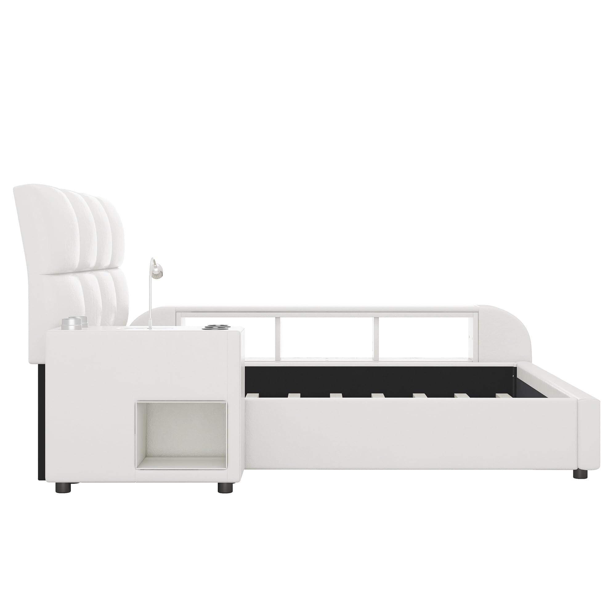 EOVTK Queen Size Upholstered Platform Bed with Built-in Multimedia Nightstand and Storage Shelves, Faux Leather Platform Bed Frame with 2 Cup Holders, Light and Charging Station, White