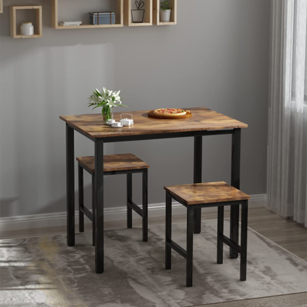 AWQM 3 Piece Dining Set, Small Dining Table and 2 Stools, Kitchen Breakfast Dining Table Set, Breakfast Table of 35.43 x 23.62 x 29.92 inches, Stools of 13.8 x 13.8 x 17.8 inches, Rustic Brown