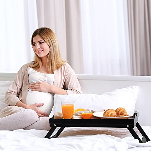 Kochorie 2 Packs Bed Tray Table Bamboo Breakfast Tray with Folding Legs Kids Serving Platters Tray Lap Desk Snack Tray for Bed Sofa Eating Working (15.8 x 11 x 6.9 Inches, Black)