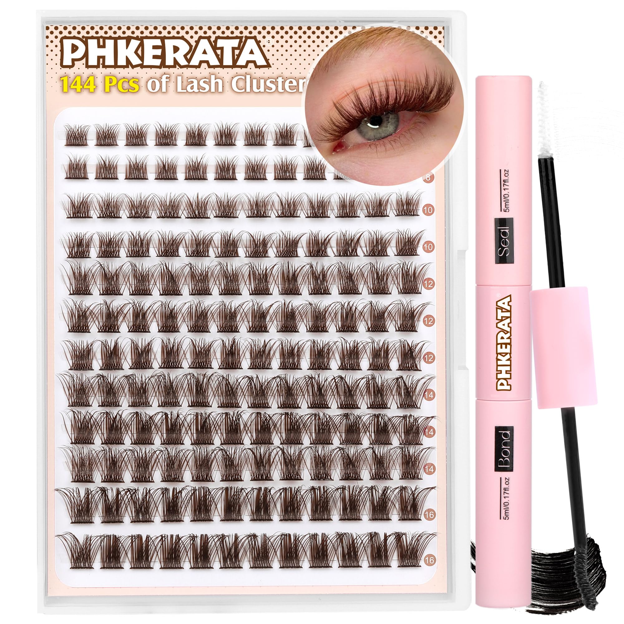 Brown Lash Clusters DIY Eyelash Extension Kit with Strong Hold Lash Bond and Seal Glue, Individual Lashes for Self Application by PHKERATA (0.07D, 8-16MM, 144Pcs)