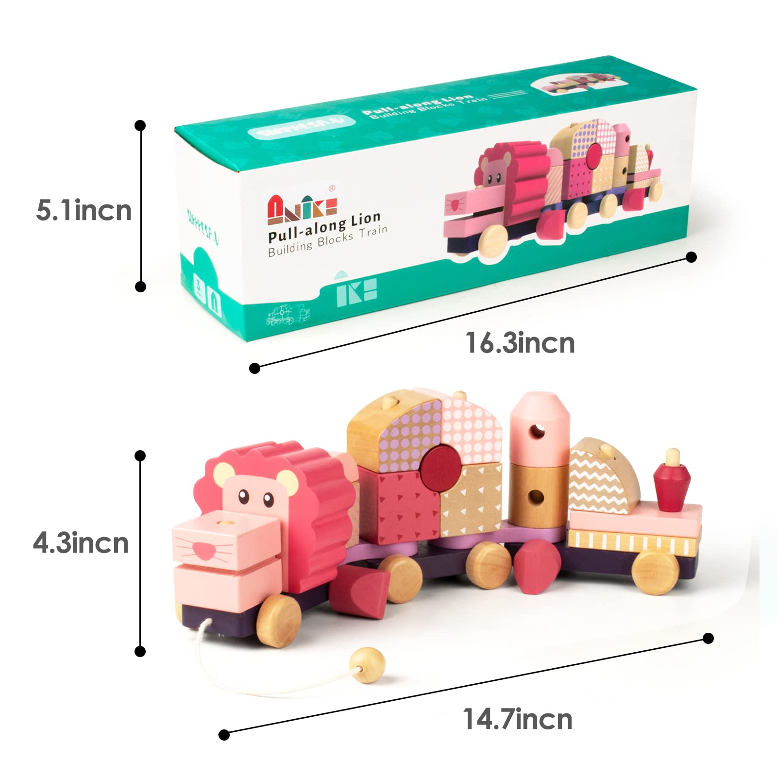 Toddler Montessori Toy, Wooden Block Train Set Stackable Building Blocks Toy Shape Sorter Toy Pink Lion Pull Toy for Baby Girl Ages 2 4 3 Years Birthday Gift Early Learning Educational Toy