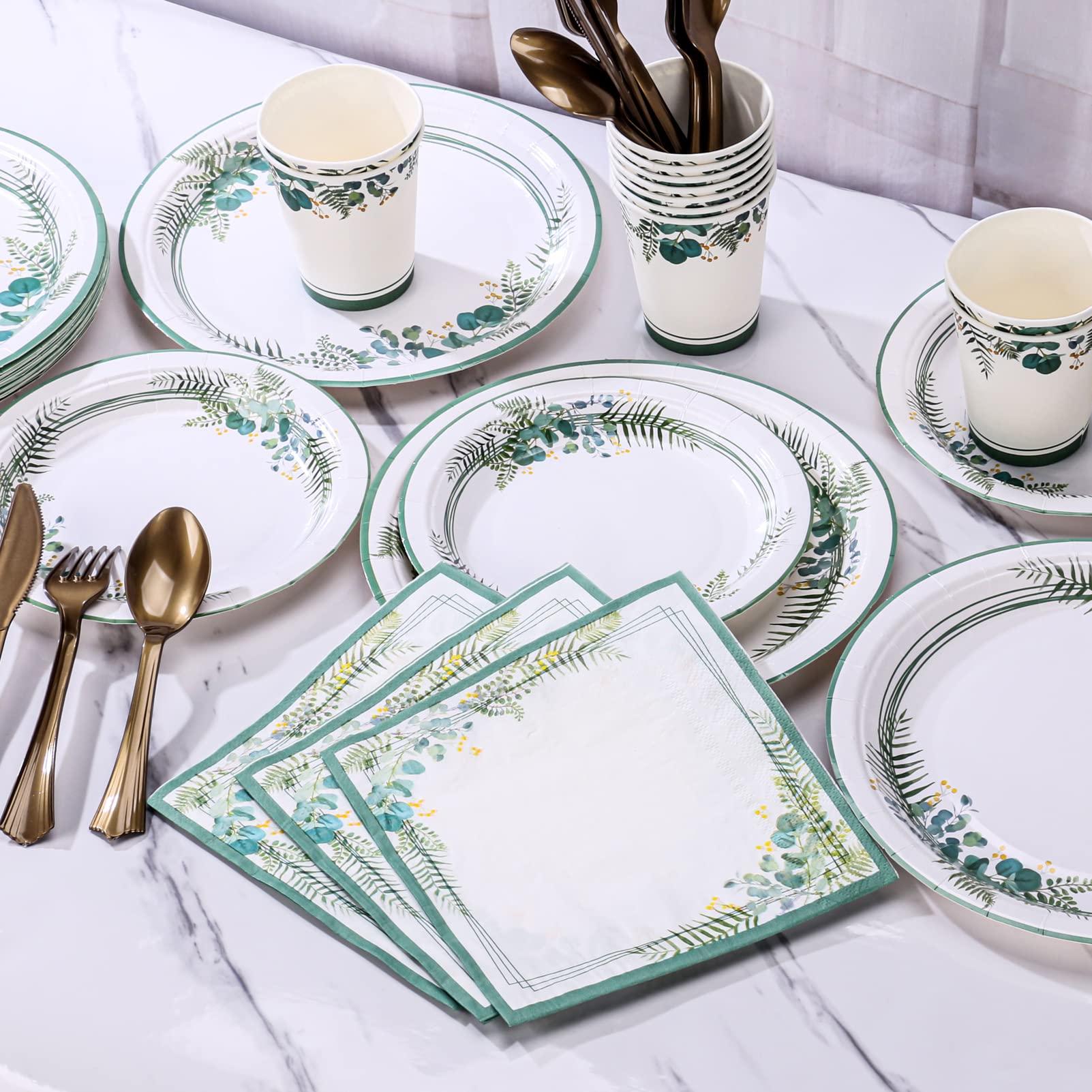 Decodinli 100 PCS Greenery Party Supplies, Greenery themed Disposable Plates and Napkins for Bridal Shower Decorations, Birthday, Baby Shower, Gender Neutral, Serves 20