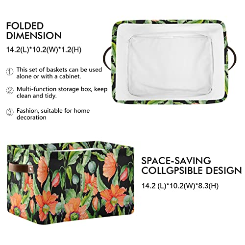 Large Foldable Storage Basket Red Poppy Flowers Black Storage Bin Canvas Toys Box Fabric Decorative Collapsible Organizer Bag with Handles for Bedroom Home